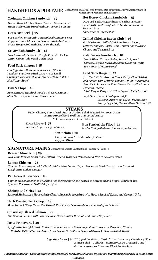 Our Menu – The Feed Sack Restaurants