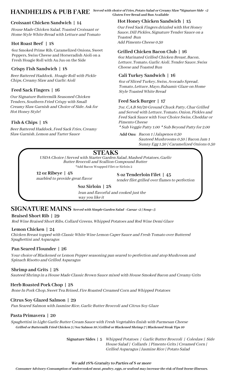 Our Menu – The Feed Sack Restaurants